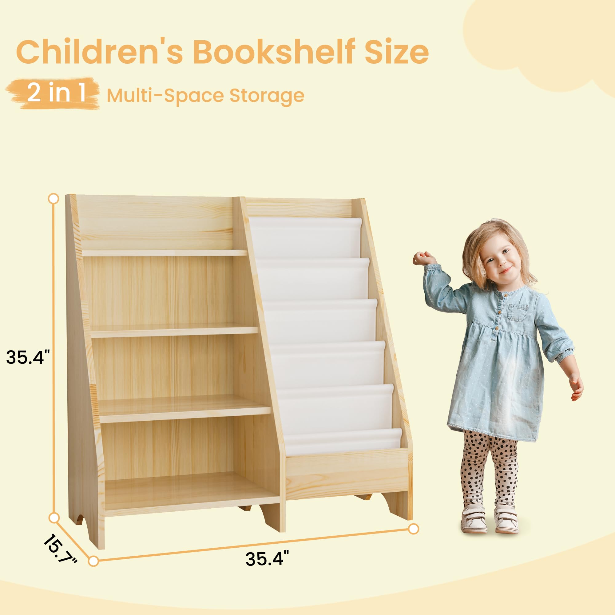 Kids Bookshelf, Solid Wood Bookshelf Bookcase Storage Organizer for Children, 4 Tier Bookshelf 5 Layer Sling Bookcase Toddler Book Rack Storage Organizer for Kids Room Nursery Play Room Kindergarten