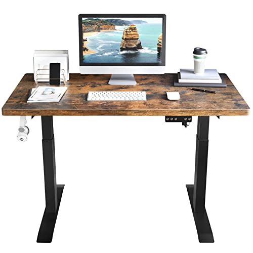 WULEITEX Dual Motor Standing Desk, 48 x 24 Inches Adjustable Height Desk, Stand up Desk, Sit Stand Home Office Desk with Splice Board/Black Frame/Rust Brown