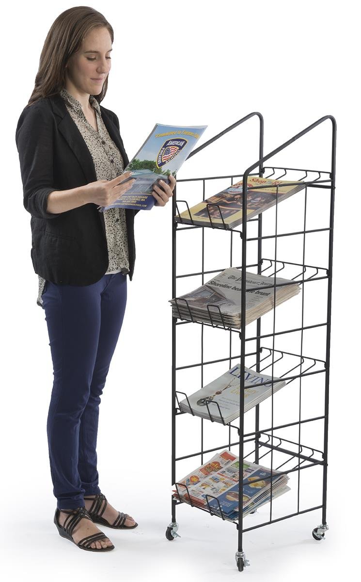 Displays2go Portable Newspaper and Magazine Rack, 4 Angled Shelves, Locking Caster Wheels (Black Steel)