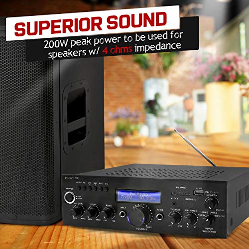 Pyle Wireless Bluetooth Power Amplifier-200 Watt Audio Stereo Receiver w/USB Port, AUX in, FM Radio, 2 Karaoke Microphone Input, Remote-Home Entertainment System, Black, 10.5" x 8.8" x 2.8" (PDA5BU)