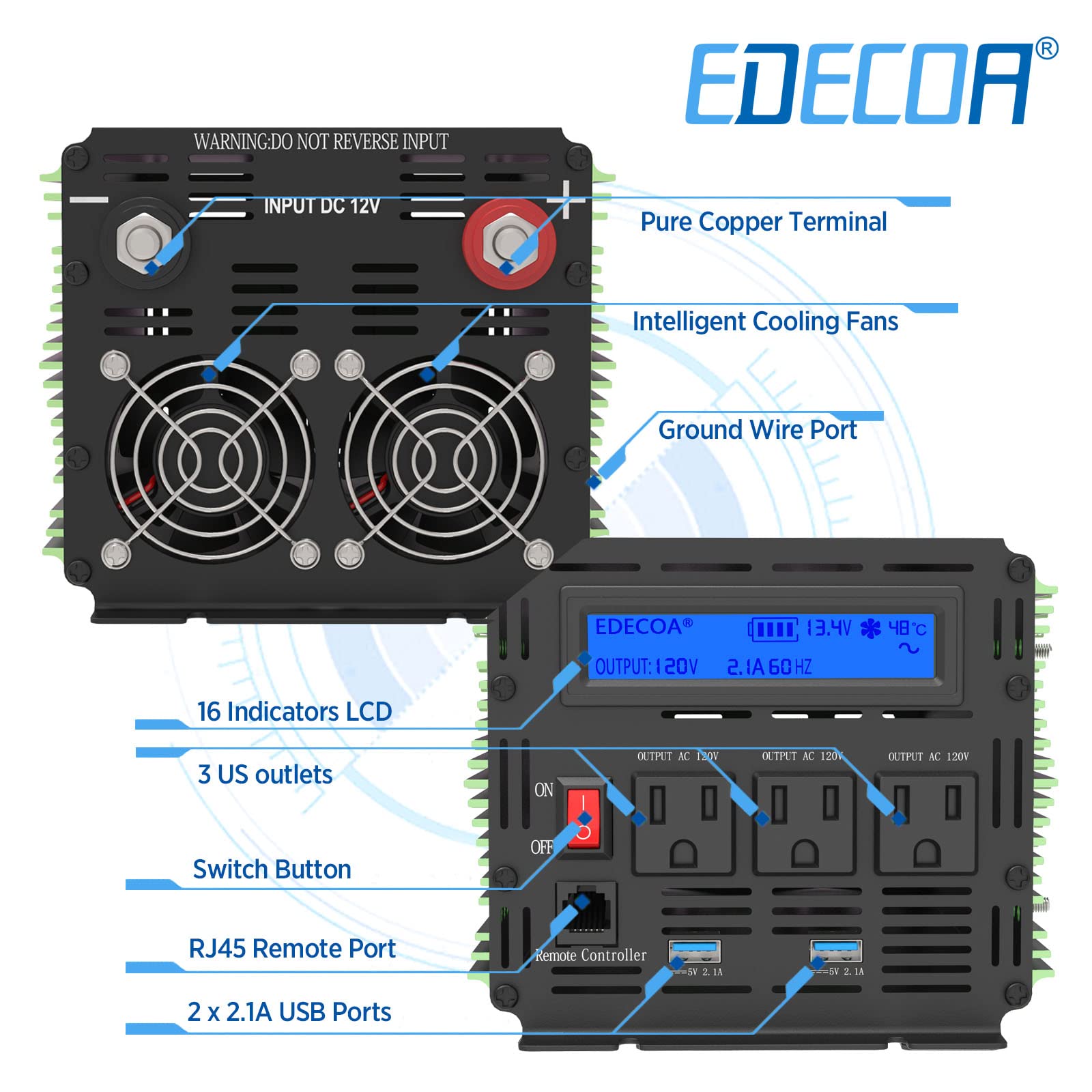 EDECOA 1500W Pure Sine Wave Power Inverter DC 12V to 120V 110V AC Converter with Remote Controller (1500 Watts 12V)