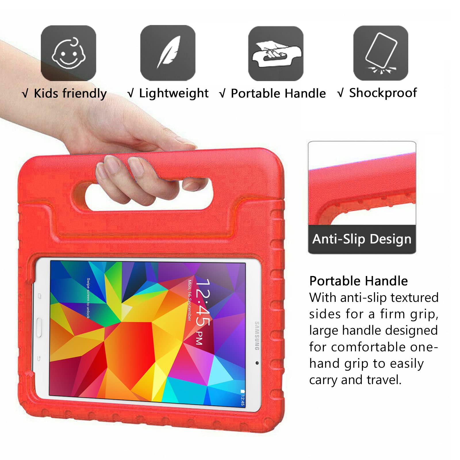Kids Case for Samsung Galaxy Tab 4 8.0 SM-T330/SM-T331/SM-T335/SM-T337 Released 2014 Tablet Shockproof & Kids Proof Foam Cover Heavy-Duty Protective Durable Case Lightweight with Handles, Red