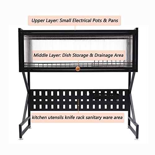 LOYALHEARTDY Over Sink Dish Drying Rack with Cover, 2 Tier Large Storage Kitchen Sink Organize Stand Shelf Space Saver Metal Dish Drying Rack for Kitchen Counter, 33.5"