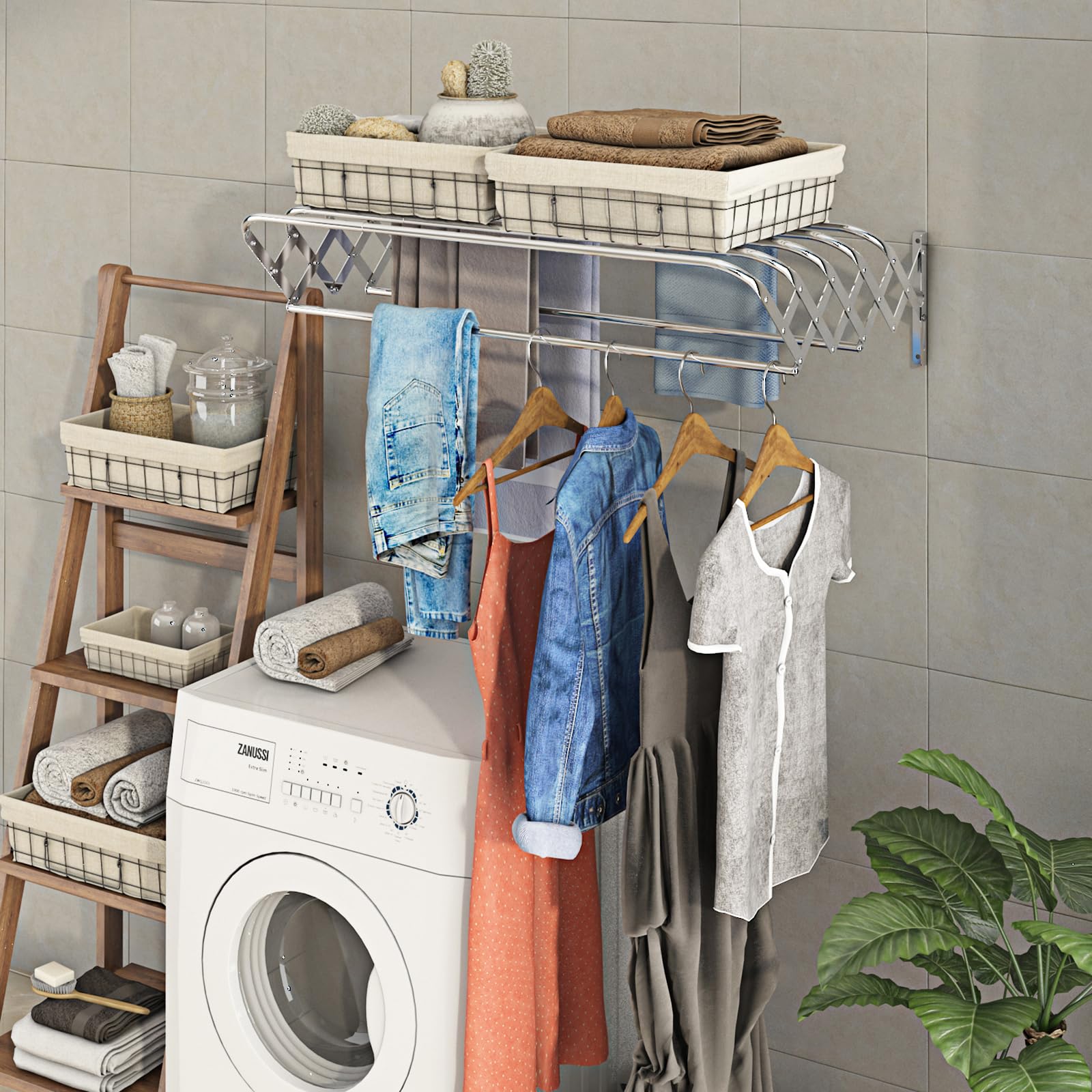 Droomdy Wall Mounted Clothes Drying Rack, Stainless Steel Retractable Laundry Drying Rack, Foldable Drying Rack for Laundry and Bathroom, Large Capacity Drying Rack Clothing Collapsible