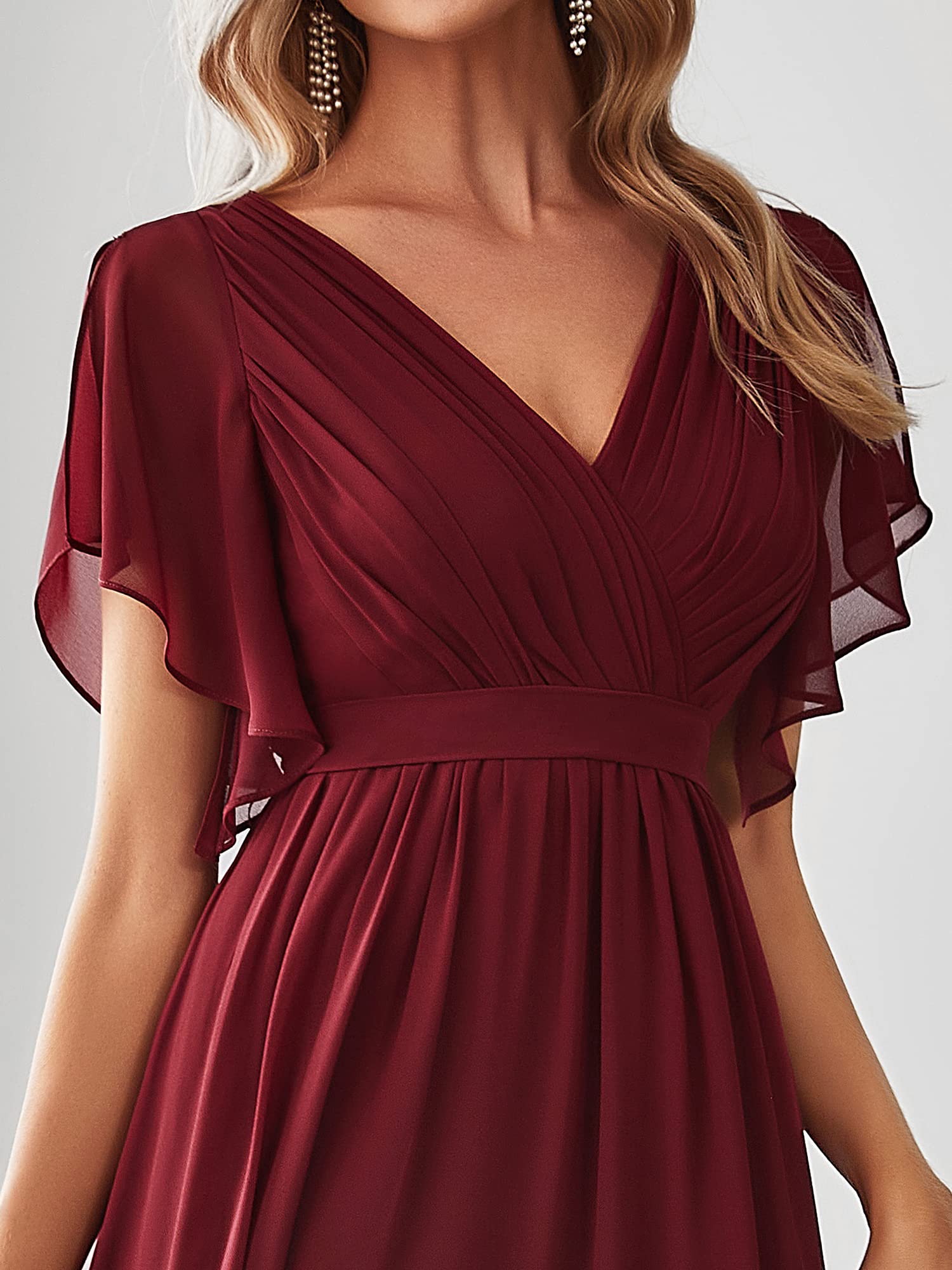 Ever-Pretty Women's Bridesmaid Dress V-Neck Ruffle Sleeves Ruched Bust Floor Length Chiffon Formal Dresses Burgundy US16
