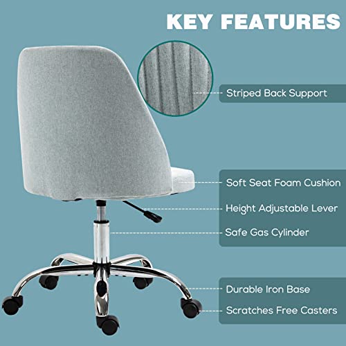 Loyrus Home Office Desk Chair, Vanity Chair, Modern Adjustable Mid-Back Cute Upholstered Armless Linen Fabric Chair, Computer Chair with Wheels for Bedroom Studying Room Vanity Room (Grey)