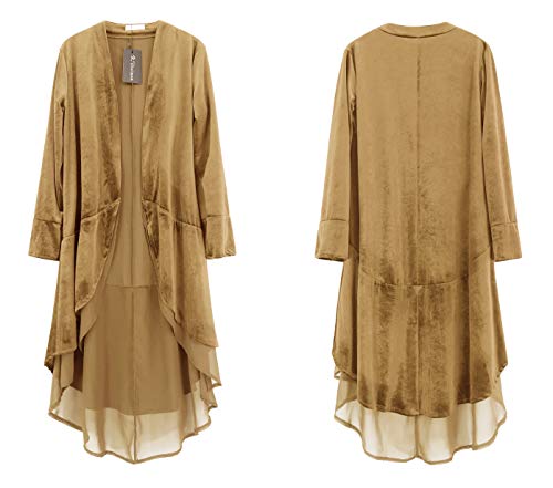 R.Vivimos Womens Ruffled Asymmetric Long Velvet Blazers Coat Casual Jackets (Medium, Khaki)