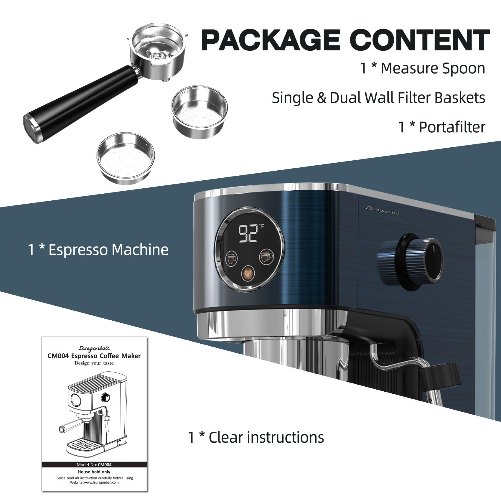 DRAGONBALL Espresso Machine 20 Bar,Espresso Maker With Milk Frother,Coffee Machine With Removable Water Tank, Automatic Espresso Machine For Home,Espresso Coffee Maker,Blue
