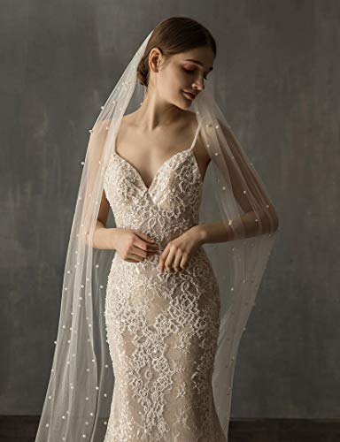 EllieHouse Womens Long Cathedral Length 1 Tier Pearl Ivory Wedding Bridal Veil With Metal Comb HD34IV