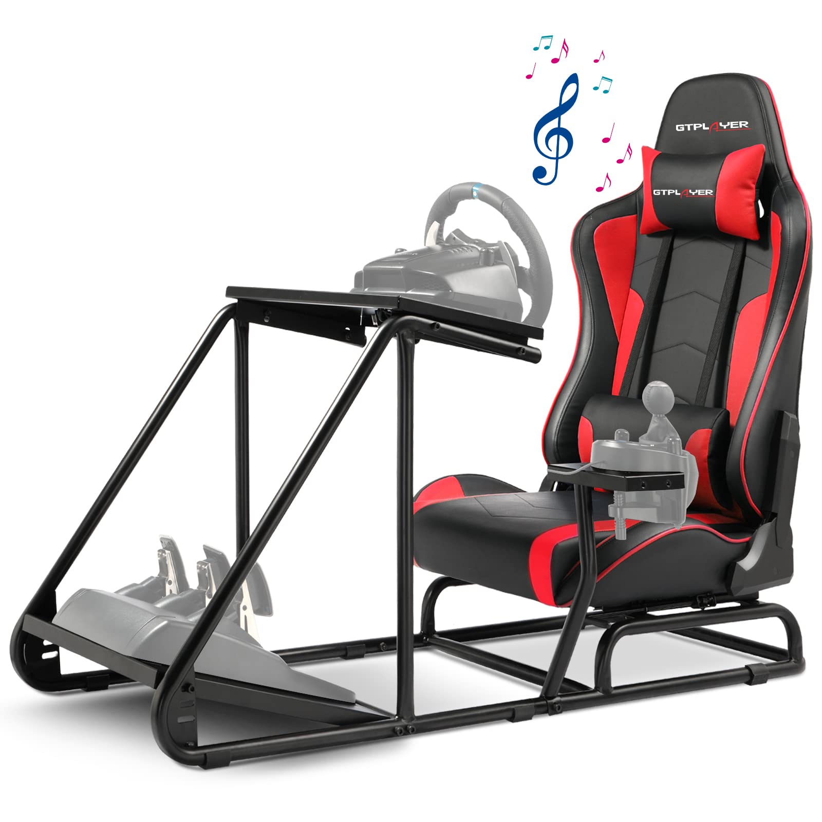 GTPLAYER Racing Simulator Cockpit with Gaming Chair and Bluetooth Speakers, Racing Style Reclining Seat and Sleigh Shape Alloy Steel Frame (Deepred)