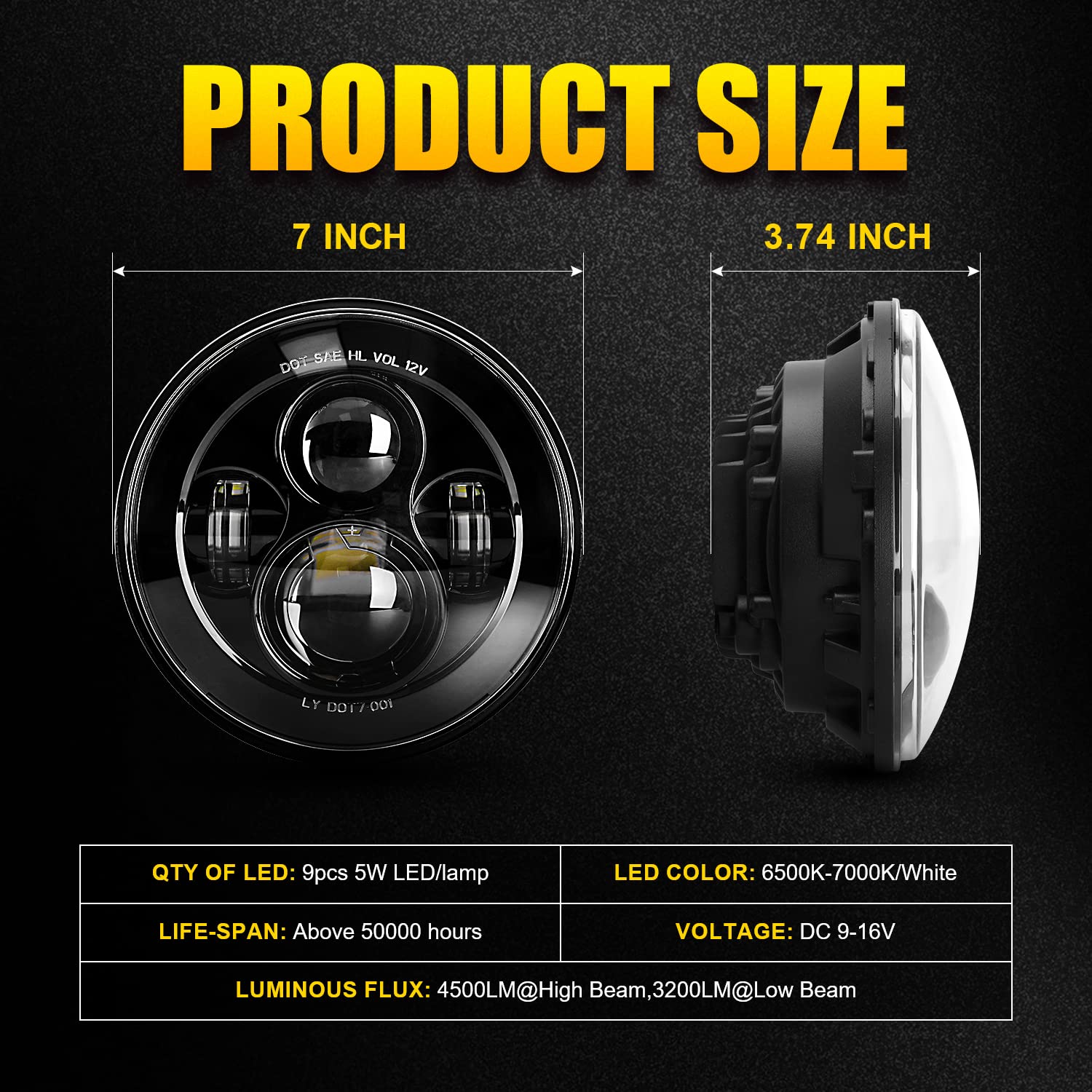 Dot Approved 7Inch Black LED Headlight Compatible with Motorcycle Tour,FLD,Softail Heritage,Street Glide,Road King,Electra Glide,Yamaha V-Star Road Star Wrangler