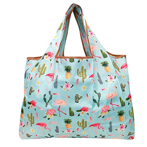 Wrapables Eco-Friendly Large Nylon Reusable Shopping Bags (Set of 2), Flamingo Fun