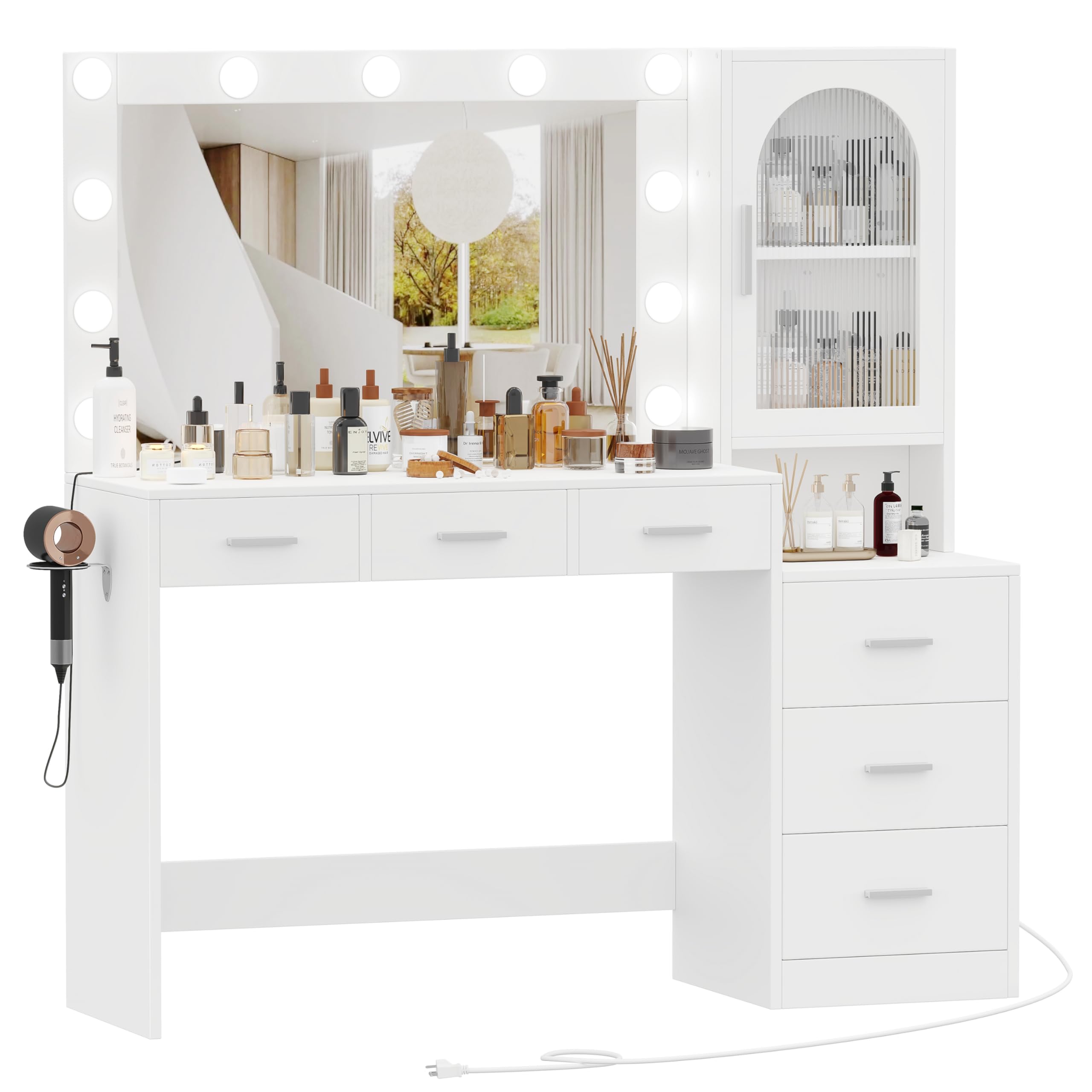 Rovaurx 50.6" Vanity Desk with Mirror and Lights, Large Makeup Vanity Table with 6 Drawers and Charging Station, Side Cabinet, Dressing Table for Bedroom, White RSZT115W