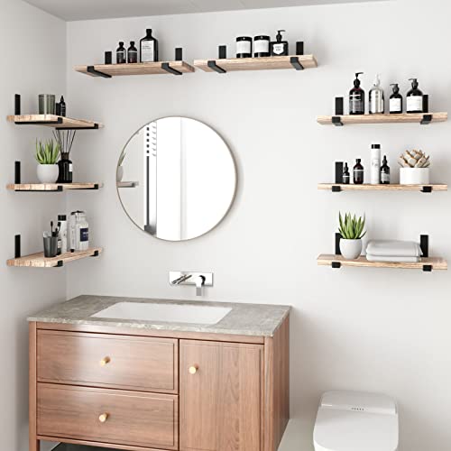 YGEOMER Floating Shelves, Set of 8, Rustic Wall Shelves, Wood Floating Shelf for Bedroom, Living Room, Book and Bathroom(Carbonized Black)