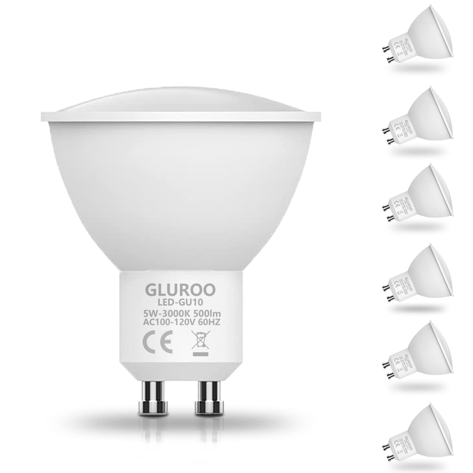 GU10 LED Bulb, GLUROO Light Bulbs, 5000K Daylight White, 500LM, 5W(50W Halogen Equivalent) LED Bulbs, 160° Beam Angle, Track Light Bulb Recessed Light Spotlight for Living Room, Kitchen, 6-Pack
