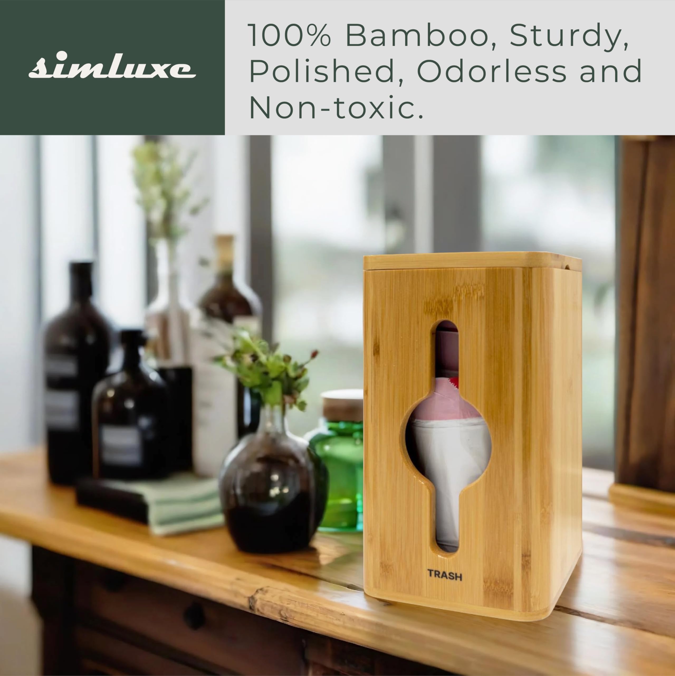 Simluxe Trash Bag Dispenser – Trash Bag Holder Dispenser for Garbage Bag Roll, Under Sink Waste Bin Bags Organizer, Wall Mounted Storage for Small Spaces, Bamboo Decorative Container