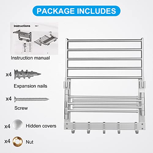 Laundry Clothes Drying Rack, Foldable Wall Mounted Drying Rack, Swivel Towel Rack with 5 Coat Hooks & 7 Swing Arms, Space Aluminum Drying Rack for Laundry Room Organization and Bathroom (Silver 7rods)