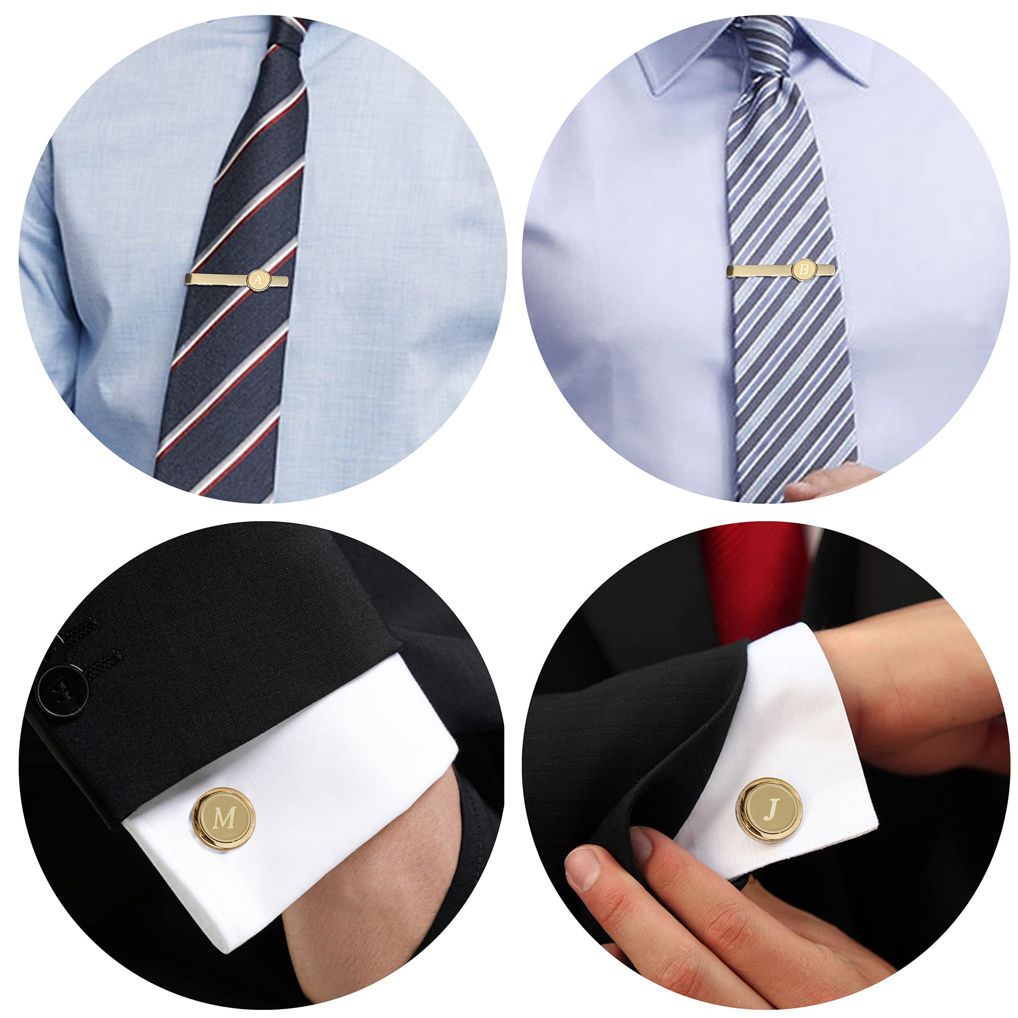 Helicopchain Initial Cufflinks and Tie Clips Set for Men Personalized Shirt Gold Cuff Links and Tie Bar Alphabet Letter P with Gift Box for Wedding Business Groom Husband