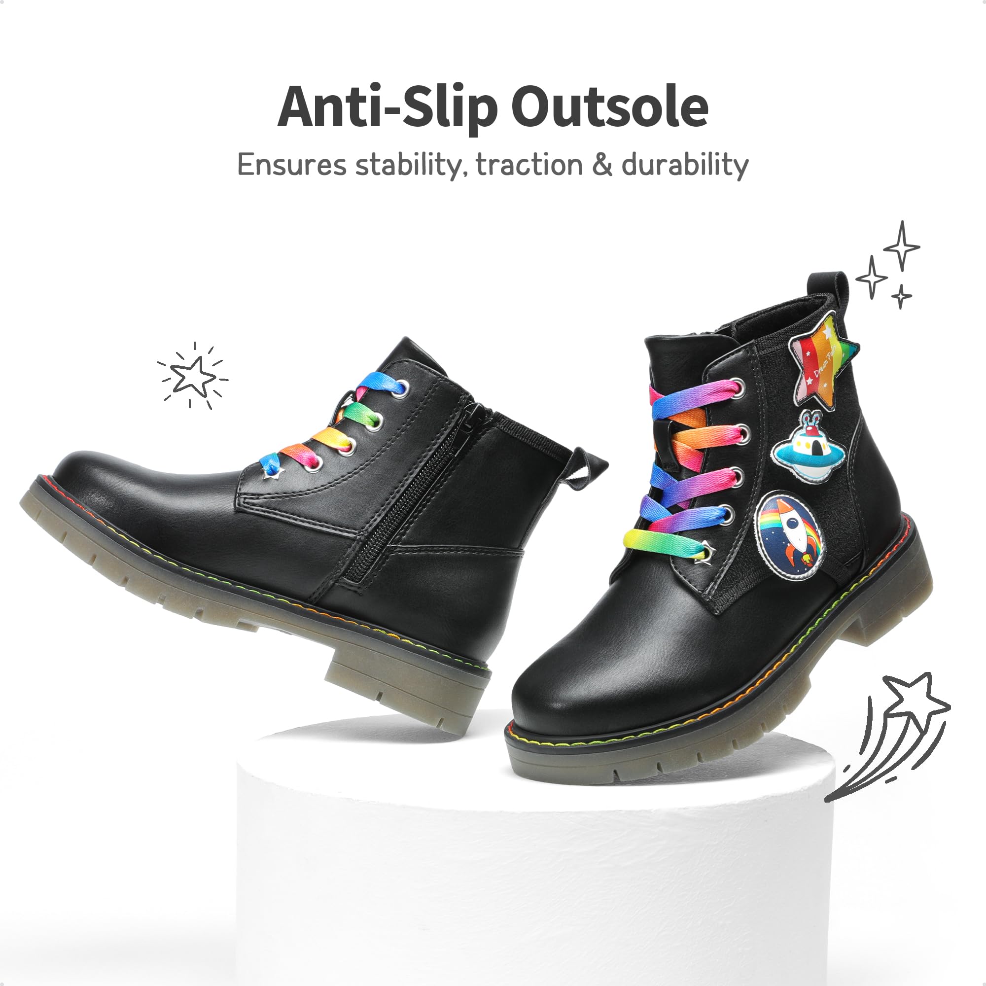 DREAM PAIRS Girls Boys Ankle Boots Side Zipper Combat Shoes with Interchangeable Lace Up SDBO2220K-1 Size 2 BLACK