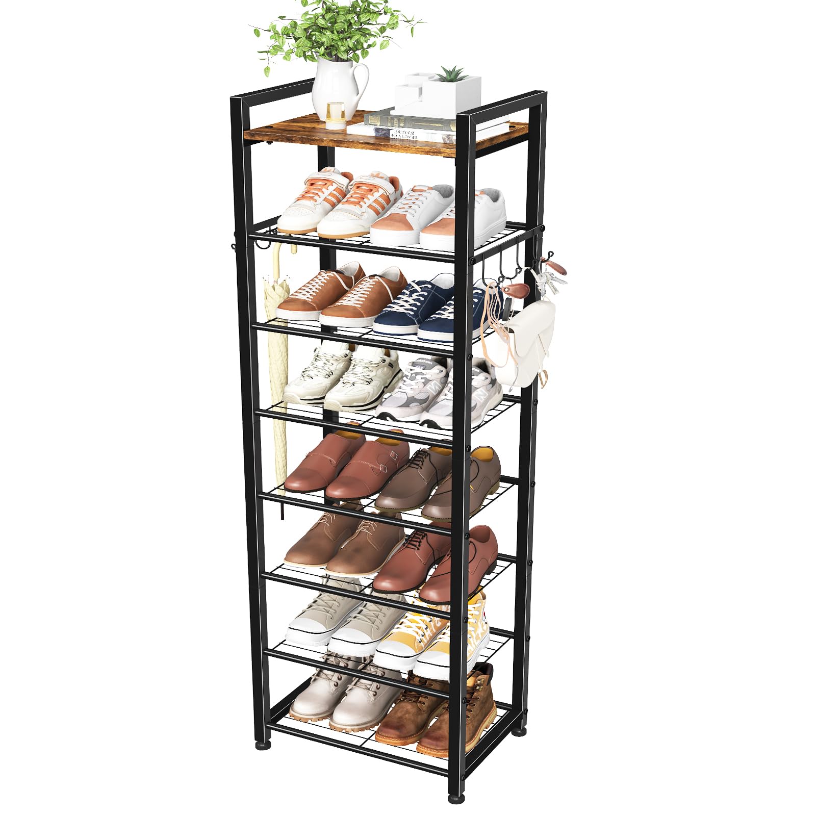 Simple Trending 8 Tiers Shoe Rack 16 Pairs Tall Wooden Plank Shoe Shelf with Hooks for Closet Entryway Organizer Sturdy Free Standing Shoe Storage Cabinet,Black