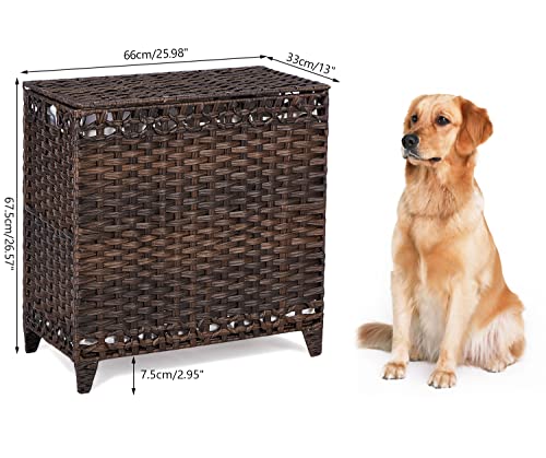 Laundry Hamper with 3 Removable Liner Bags; 132L Handwoven Rattan Laundry Basket with Lid & Heightened Feet; Clothes Hamper with Side Handles; Laundry Sorter with 3 Separate Sections (Brown)