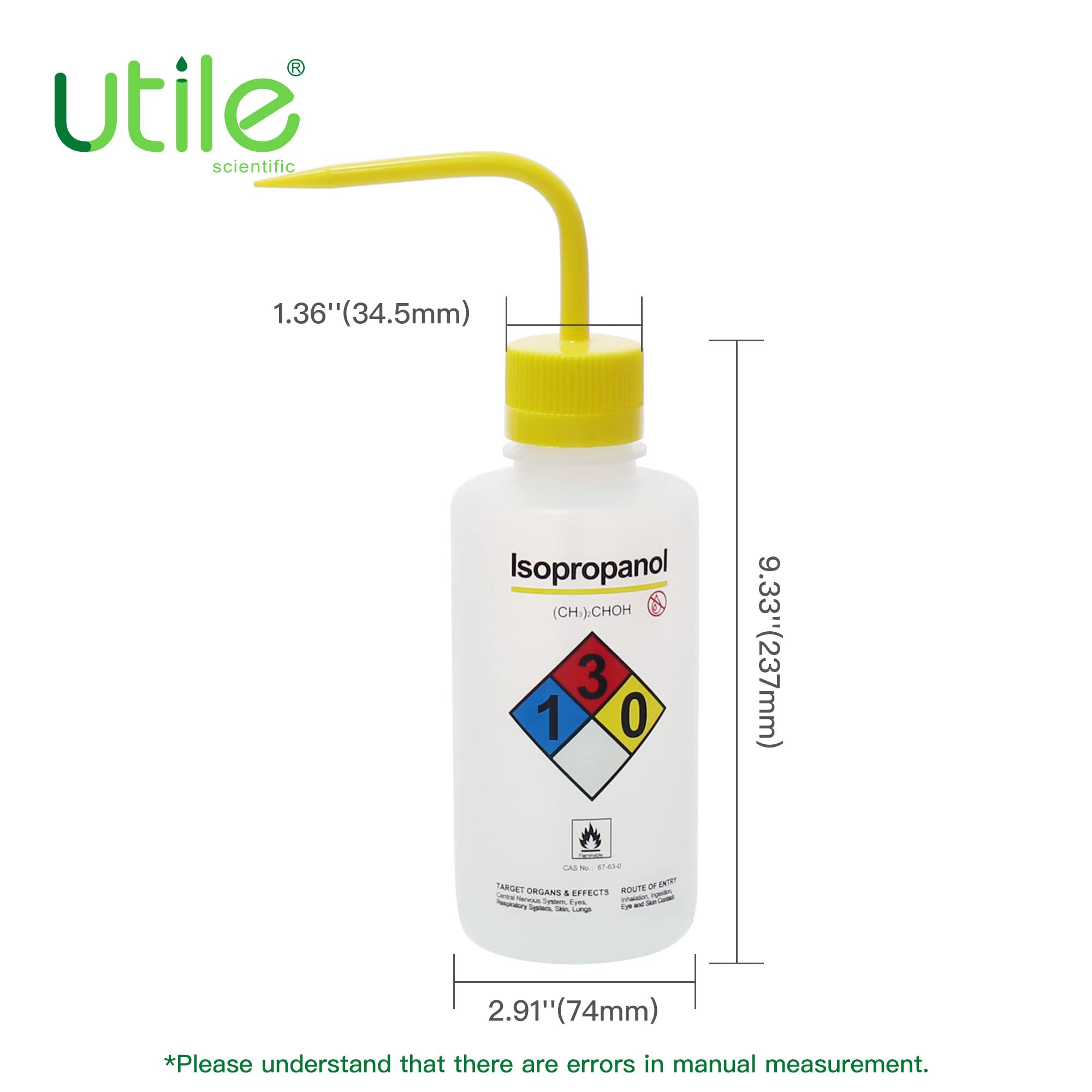 Utile Isopropanol Self-Venting Safety Wash Bottles, 4pcs of Vol.500ml, Narrow Mouth Squeeze Bottle, LDPE Material with PP Material Closure, 5511.0471.4