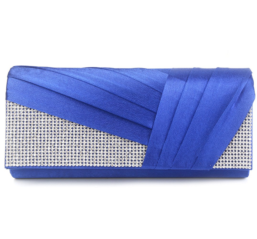 U-Story Womens Satin Pleated Evening Clutch Rhinestone Wedding Prom Purse Handbag (Royal Blue)