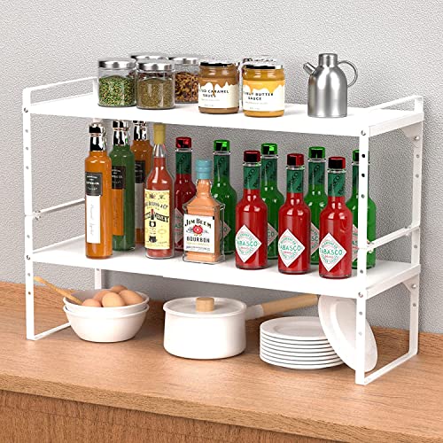 GEDLIRE Expandable Kitchen Cabinet Shelf Organizers 2 Pack, Stackable Metal Pantry Storage Shelves Rack, Adjustable Counter Shelf for Cabinets, Countertop, Cupboard Organizers and Storage, White