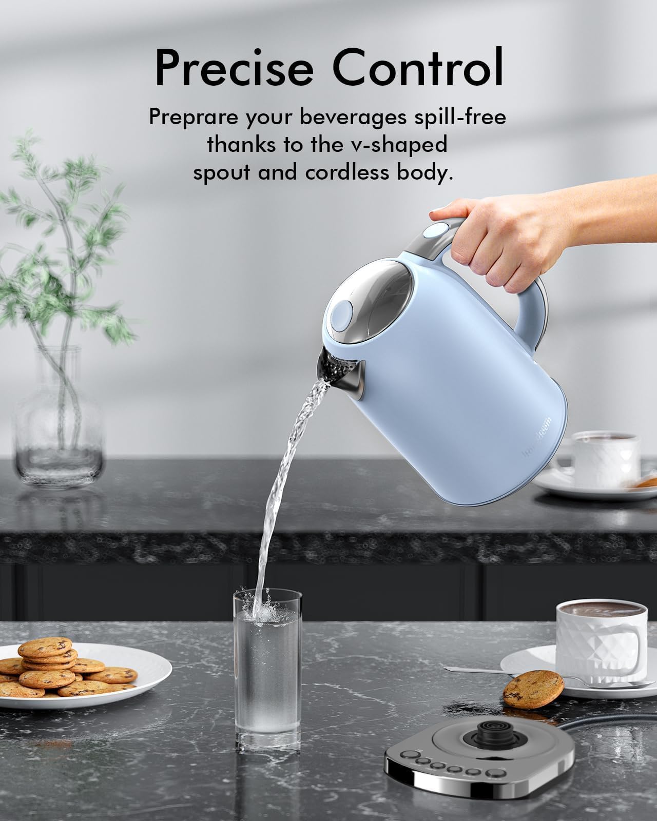 Electric Tea Kettle with Temperature Control, Longdeem 1.7L Stainless Steel Water Boiler & Heater, 1500 Watts for Fast Boiling, Cordless Serving with LED Light, Pastel Blue