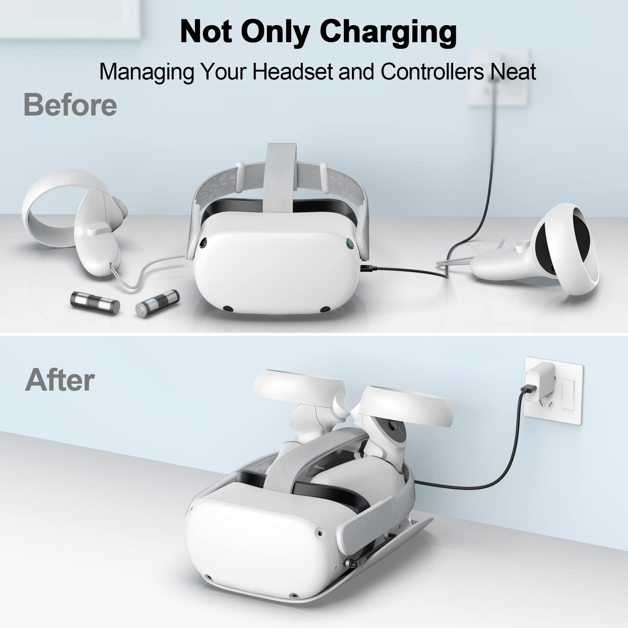 IKWOLETI Charging Dock for Oculus Quest 2, VR Charging Station for Meta Quest 2, Headset Display Holder and Controller Mount with 2 Rechargeable Batteries, USB-C Charger and Magnetic Cable