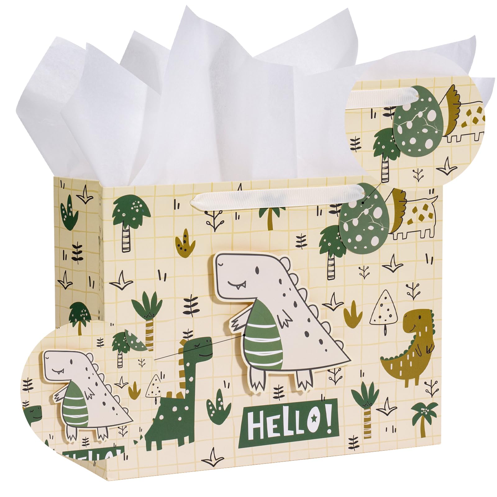 Loveinside Baby Gift Bag Dinosaur and Hedgehog Design with Tissue Paper and Greeting Card for Baby Shower, New Parents, and More - 13" x 5" x 10", 1 Pcs
