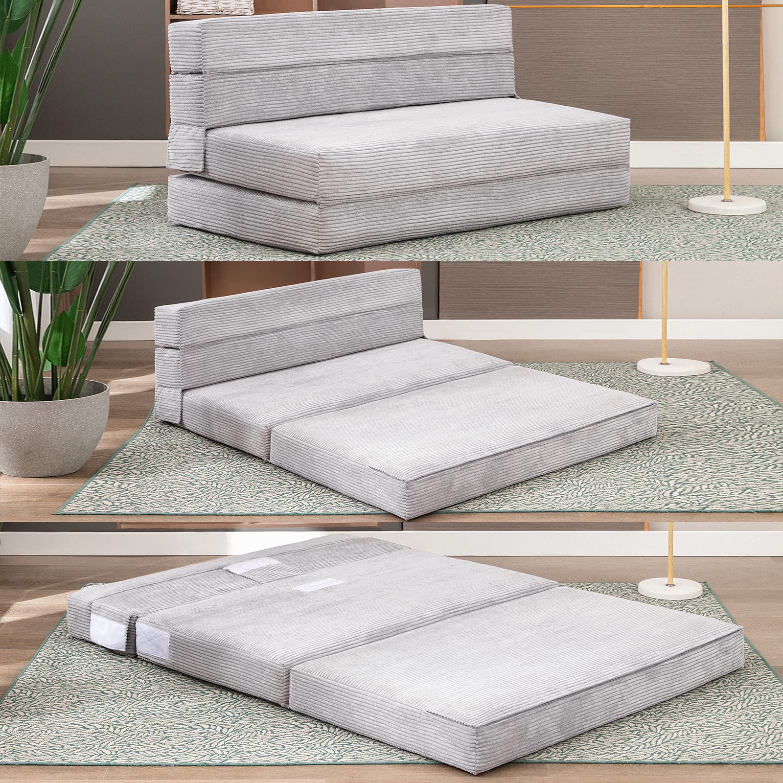 Mjkone Convertible Futon Sofa Bed, Floor Sofa Couch with Memory Foam, 3 in 1 Foldable Couch Bed, Pull Out Sleeper Sofa for Living Room/Apartment/Office (Gray, Full)
