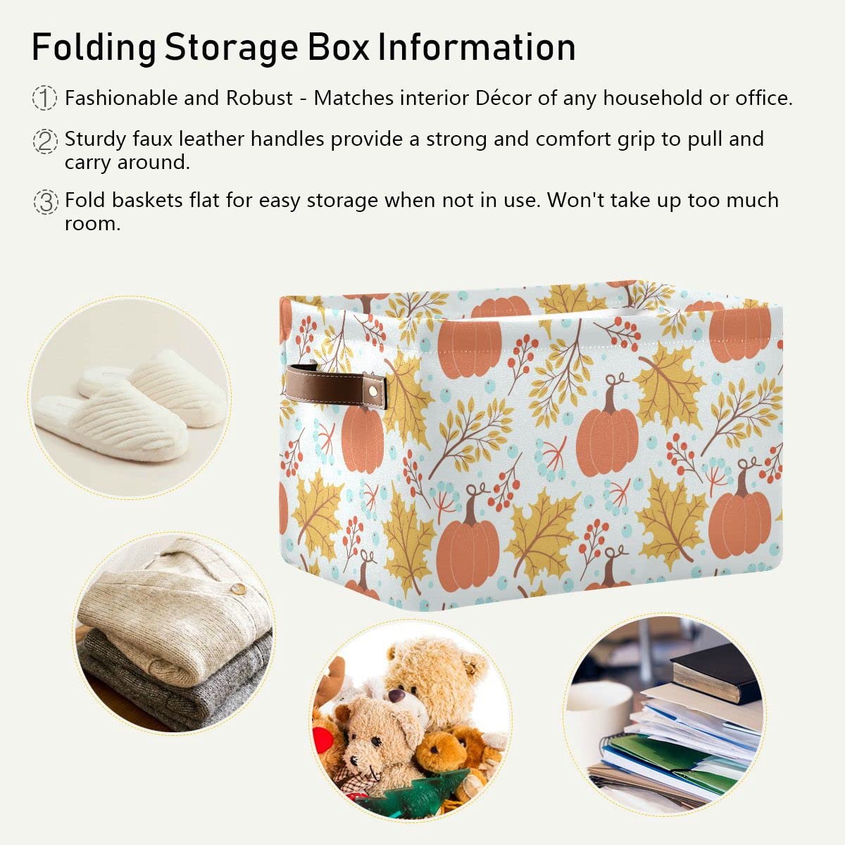 Fall Pumpkin Storage Basket Fabric Storage Bin Laundry Baskets Autumn Maple Leaves Foldable Storage Boxes Organizer Bag for Baby Cloth Dog Toy Book Storage Cubes Shelf Closet Basket 16×12×8 Inches