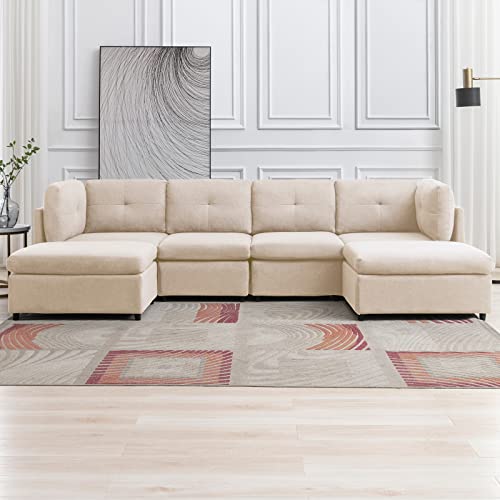 Mjkone Convertible Sofa Couch, Modern U Shaped Sofa with Tufted Back Cushion, 6 Seat Oversized Sectionals Sofa Couch with Ottomans for Living Room/Apartment/Office (Beige)