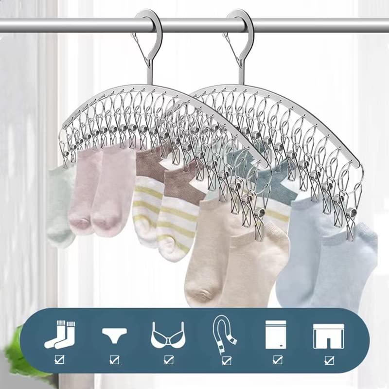 Laundry Sock Drying Rack with 20 Clips Windproof Drying Rack Multi-Purpose Stainless Steel Clothespins, ZNREUHATravel Camping Dryer Hanger for Socks, Gloves, Hat, Baby Clothes (2 Pack)