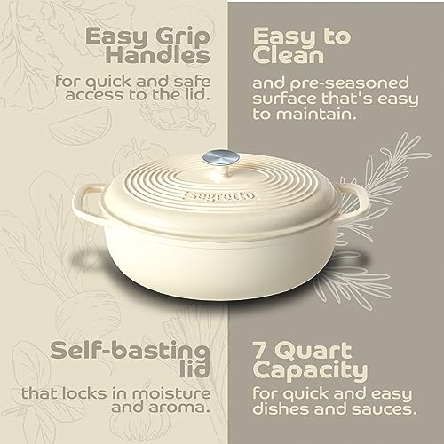 Segretto Cookware Enameled Oval Cast Iron Dutch Oven with Handle, 7 Quarts, Bianco Perla (Pearl White), 7qt Dutch Oven Pot with Lid Cast Iron Enamel Dutch Oven for Bread Baking, Basting, Cooking, Soups