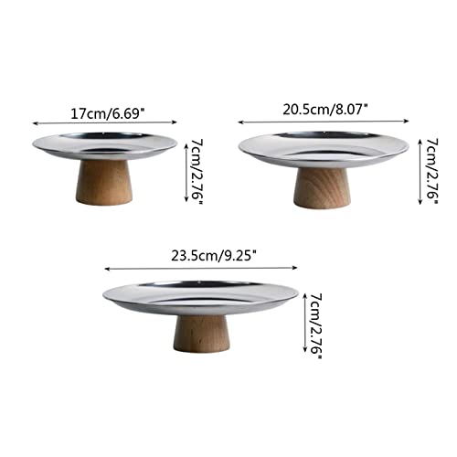 SUSOSU Breakfast Tray Stainless Steel Round Storage Tray with Wood Base Desktop Kitchen Serving Plate (Color : Small)