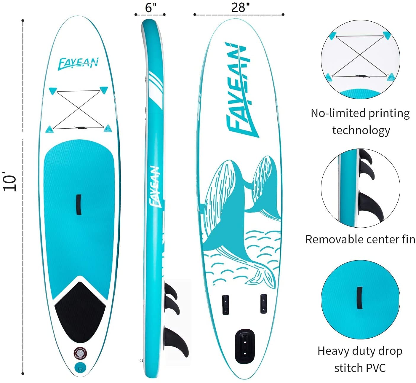 FAYEAN Inflatable Stand Up Paddle Board 10' x 28''x 6'' SUP ISUP Round Board Include Hand Pump, Paddle, Backpack, Coil Leash,Carry Bag, Repair Kit and Waterproof Case (Blue Whale)