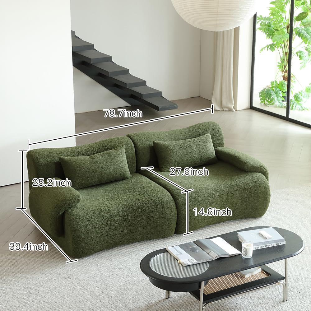 Rubikliss Deep Seat Sectional Sofa,78" Comfy Cloud Loveseat Sofa with Boucle Fabric, Oversized Sectional Couches with 2 Pillows for Living Room Bedroom Apartment Office, No Installation, Green
