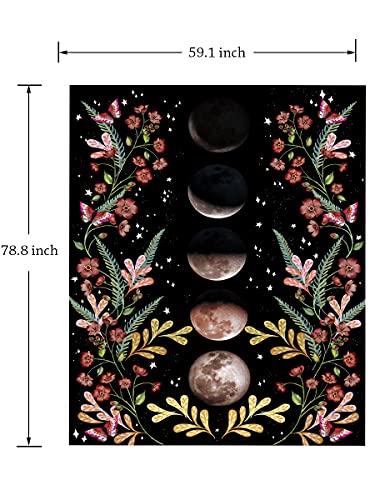 Fendio Black Moonlit Garden Tapestry, Moon Phase Star Surrounded by Flowers Vine Black Wall Hanging Blanket for Room