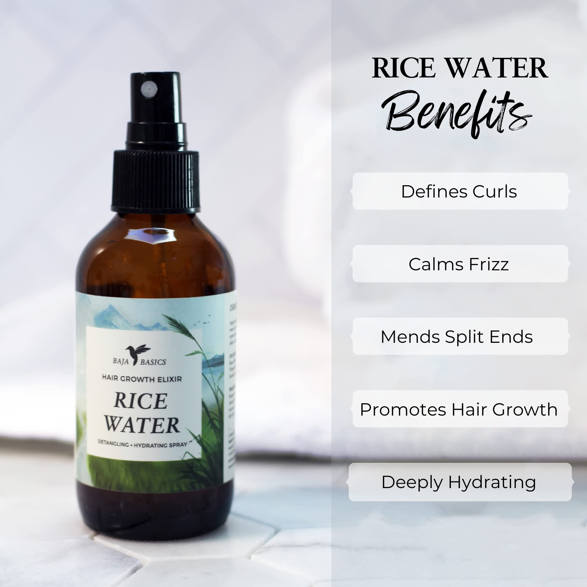 Rice Water For Hair Growth by Baja Basics, Thickness, Strength, Shine - Leave-in Conditioner for Scalp, Dry Split End Moisturizer - Mist Spray for Curly, Straight, Thick, Thin Hair 4oz