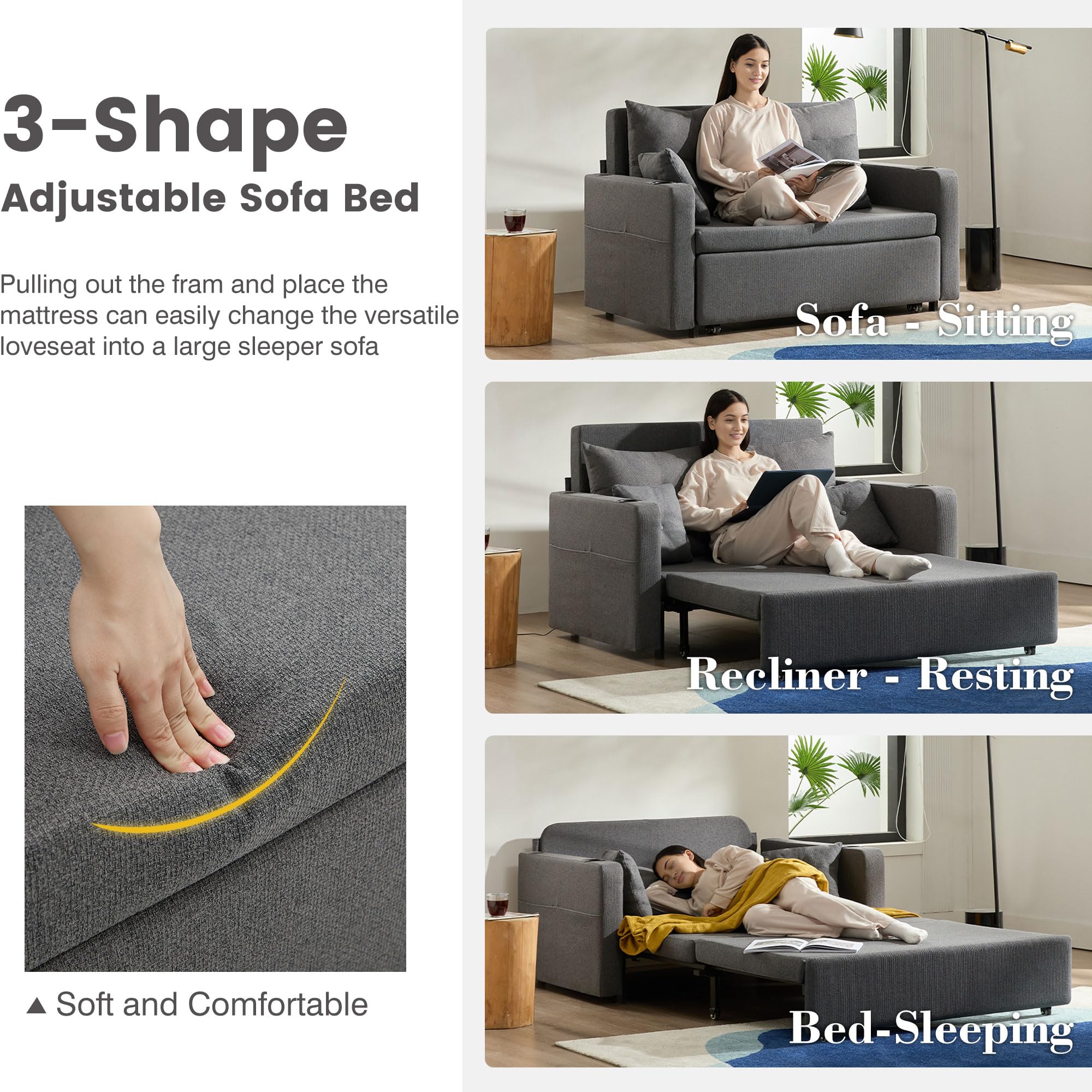 Krcix 3 in 1 Sleeper Sofa Bed, 56 Inch Convertible Loveseat Sofa, Pull Out Couch Bed with Storage Pockets, Cup Holders, USB β Sofa Cama for Living Room, Bedroom, Apartment, Dark Grey