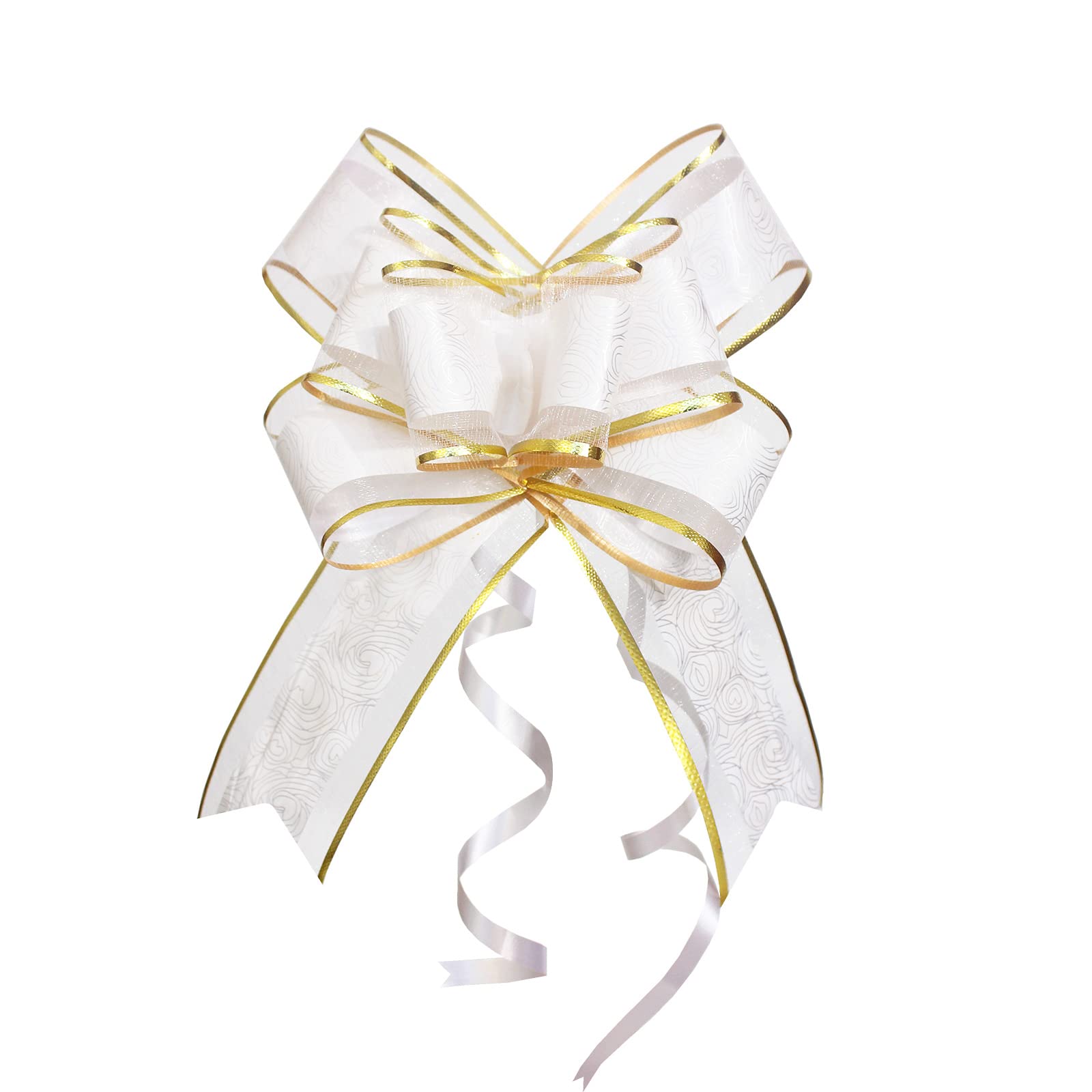 WEWILUCK Pull Bows for Gift Wrapping, 15 PCS Large Gift Bow Bulk for Presents Package, Gift Baskets, Christmas, Wedding, and Party Decor (White with Tulle & Gold line, 6 inches)