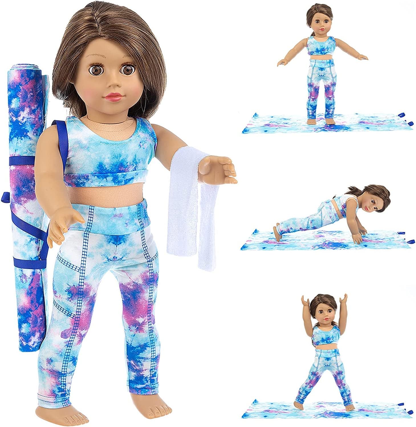Ecore Fun 3 Items 18 Inch Doll Clothes Yoga Pilates Sports Clothes Gymnastics Yoga Exercise Outfit Sets includes Vest Suit, Yoga Mat and Towel