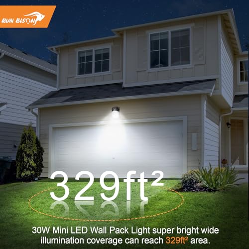 Run Bison 28W 3080LM LED Wall Pack Light with Dusk to Dawn Photocell, IP65 Waterproof Outdoor Security Flood Lighting for Garage Warehouse Garden 5000K-Daylight 2Pack