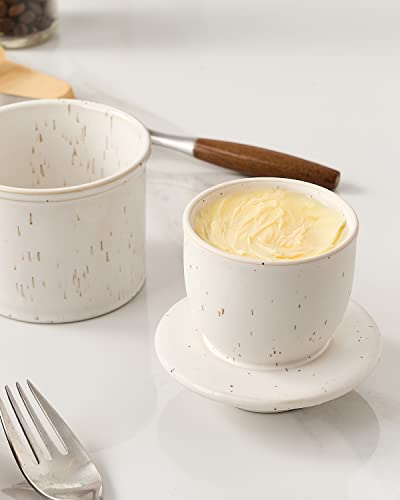 XELA Porcelain Butter Keeper Crock, French Butter Crock for Counter, Butter Keeper With Water Line for Fresh Spreadable Butter-Speckled White