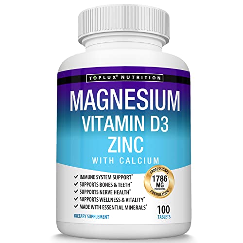 Toplux Magnesium Zinc Calcium Vitamin D3 Complex – Essential Minerals Formulated for Immune System Support, Sleep, Muscle Relaxation & Recovery, Strong Bones, for Men Women, 100 Tablets