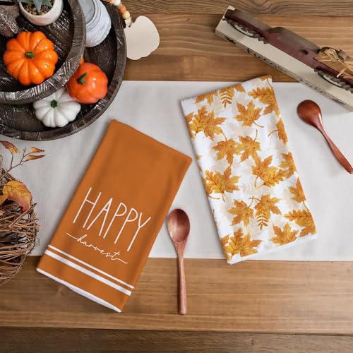 GEEORY Fall Kitchen Dish Towels Set of 2 for Fall Decor,Happy Harvest Printed Maple Leaves 18x26 Inch Drying Dishcloth,Farmhouse Home Decoration GD119