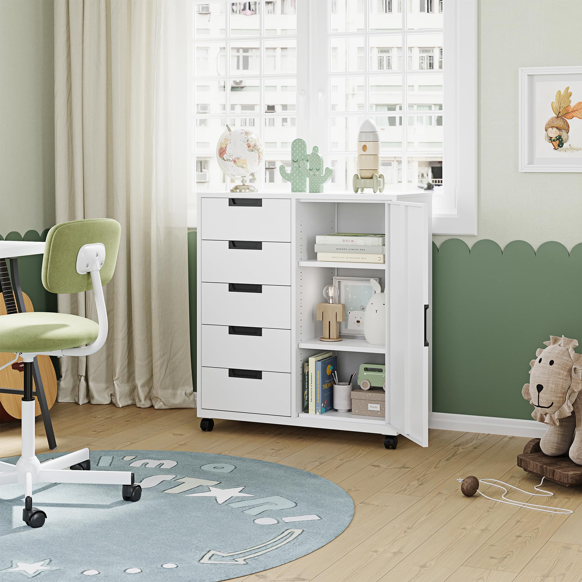 Letaya 5 Drawer Storage Cabinet, Mobile Printer Stand for Home Office,Dresser Chest with Shelves and Door(Black)