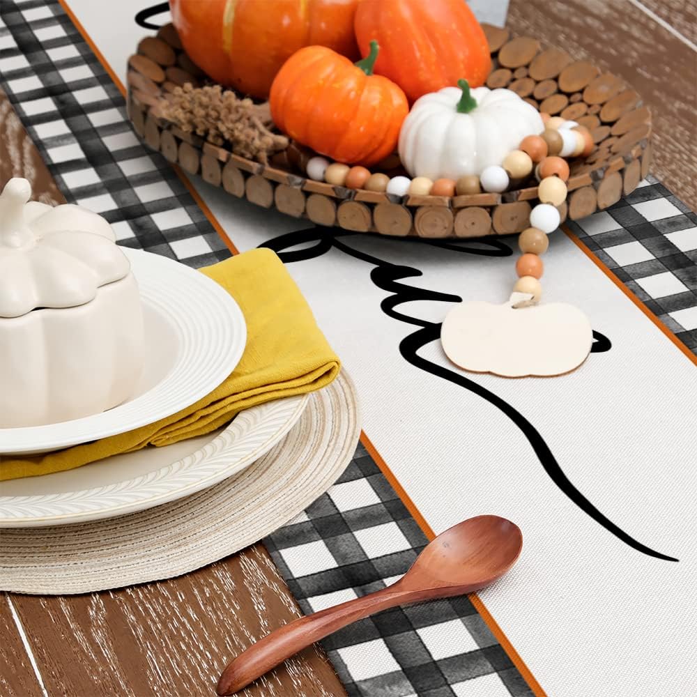 GEEORY Fall Table Runner 13x72 Inch, Buffalo Plaid Check Pumpkins Thanksgiving Farmhouse Table Decoration for Kitchen Dinning, Indoor Outdoor Dinner Party (Orange Pumpkins) GT121-72